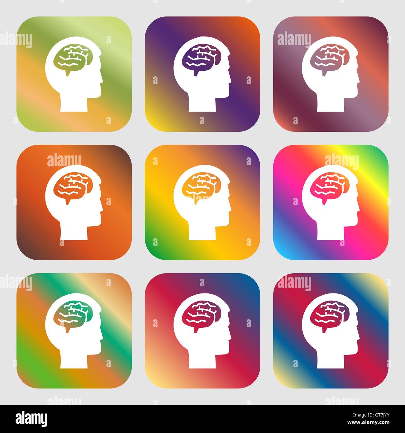 Brain sign icon . Nine buttons with bright gradients for beautiful ...