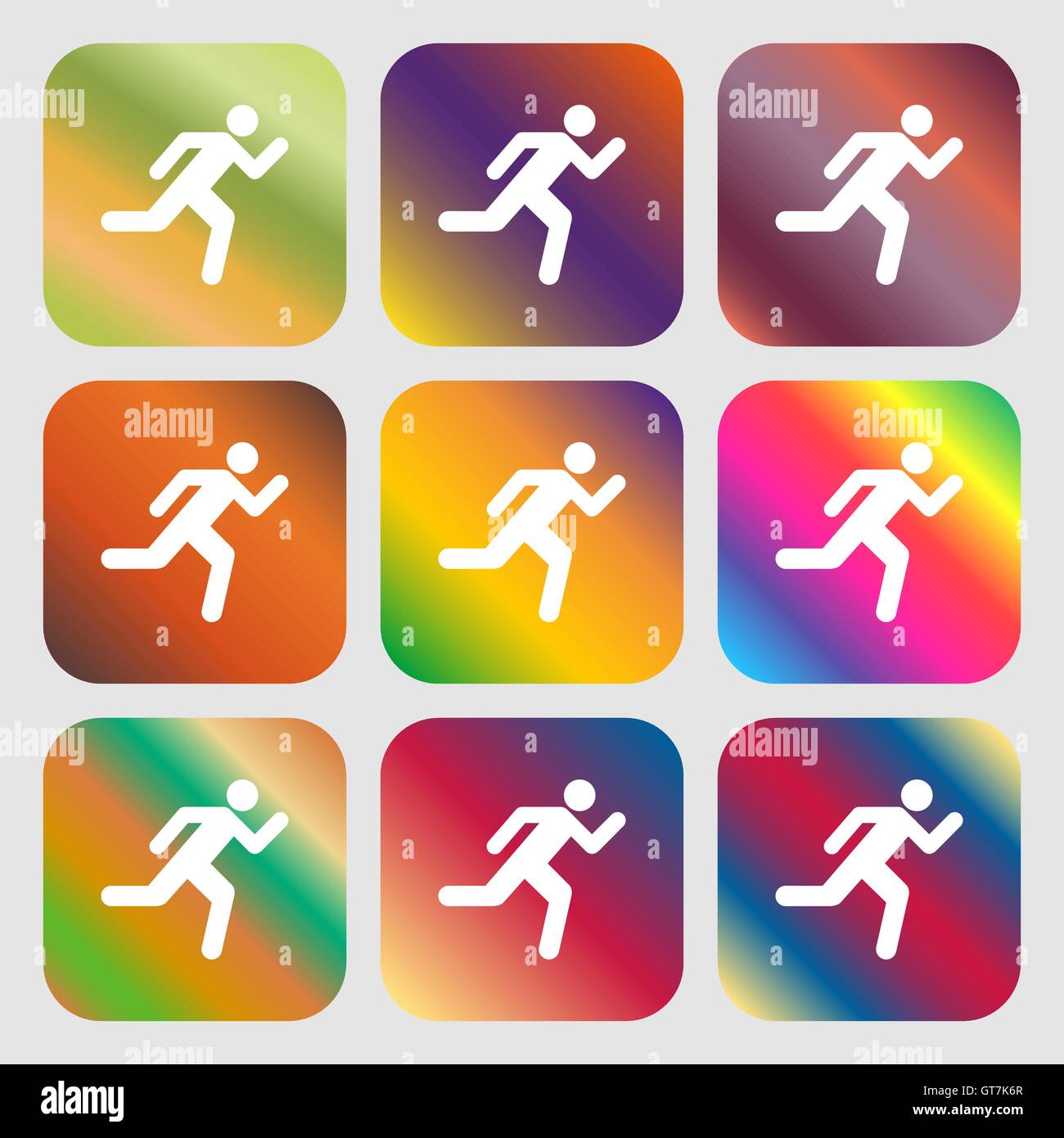 running man icon. Nine buttons with bright gradients for beautiful ...