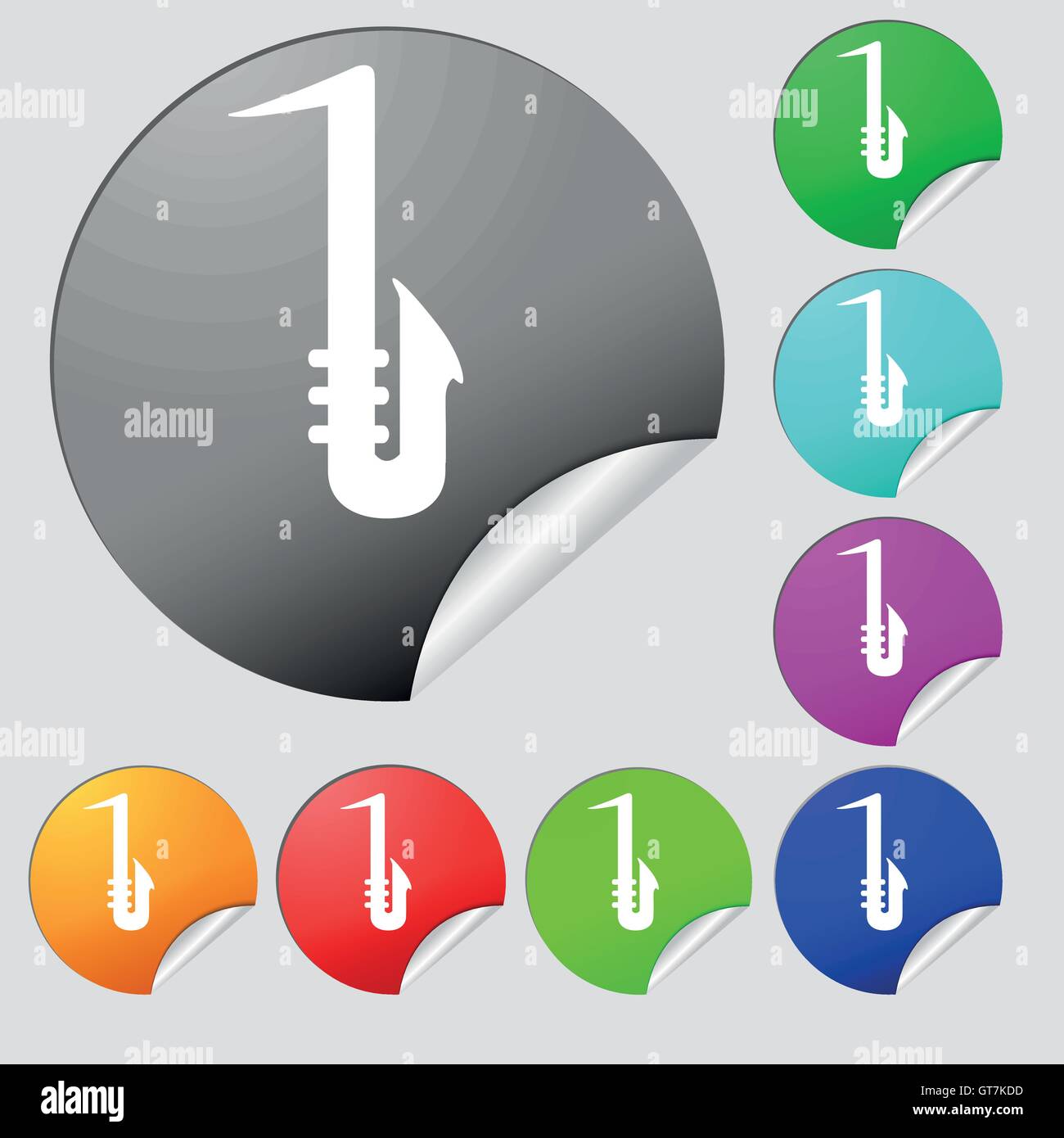 Saxophone icon sign. Set of eight multi colored round buttons, stickers ...