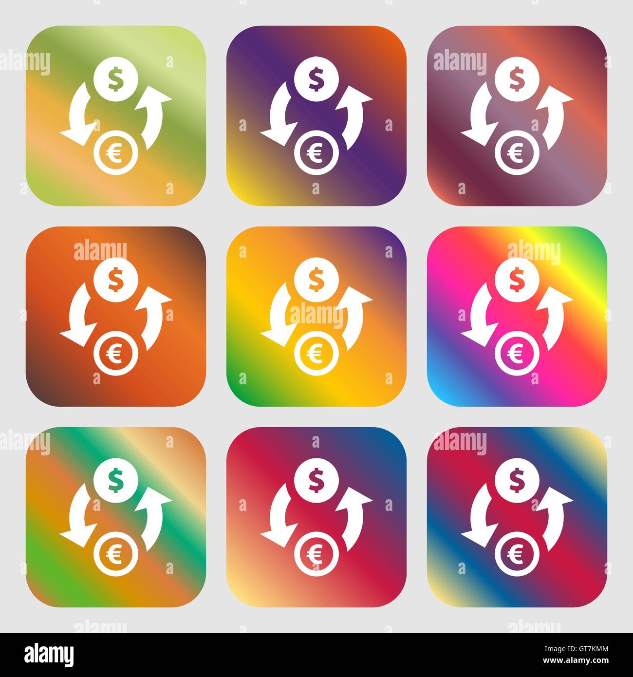 Currency exchange icon. Nine buttons with bright gradients for ...