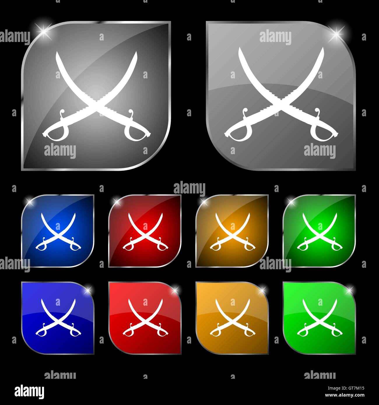 Crossed saber icon sign. Set of ten colorful buttons with glare. Vector ...