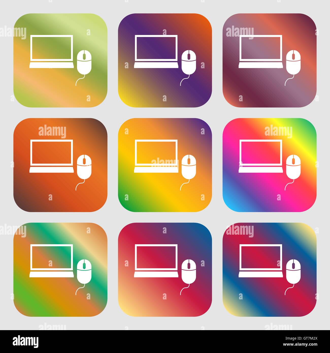Computer widescreen monitor, mouse sign icon . Nine buttons with bright ...