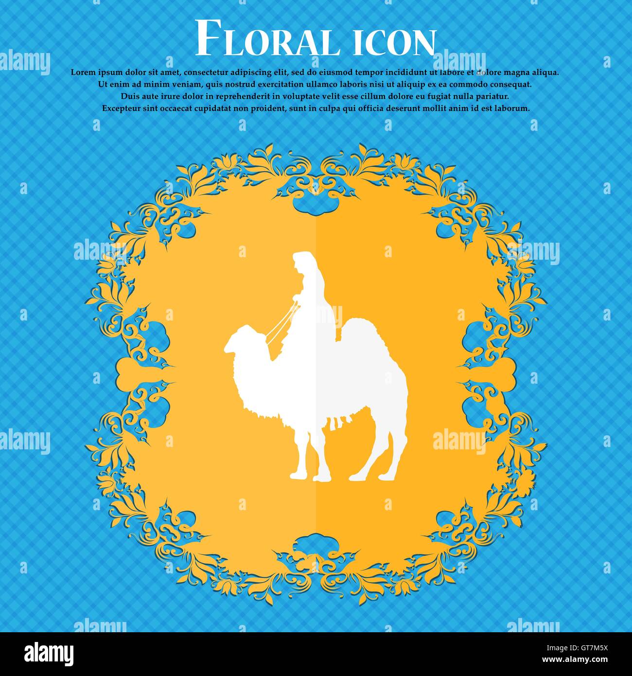 Camel icon. Floral flat design on a blue abstract background with place ...