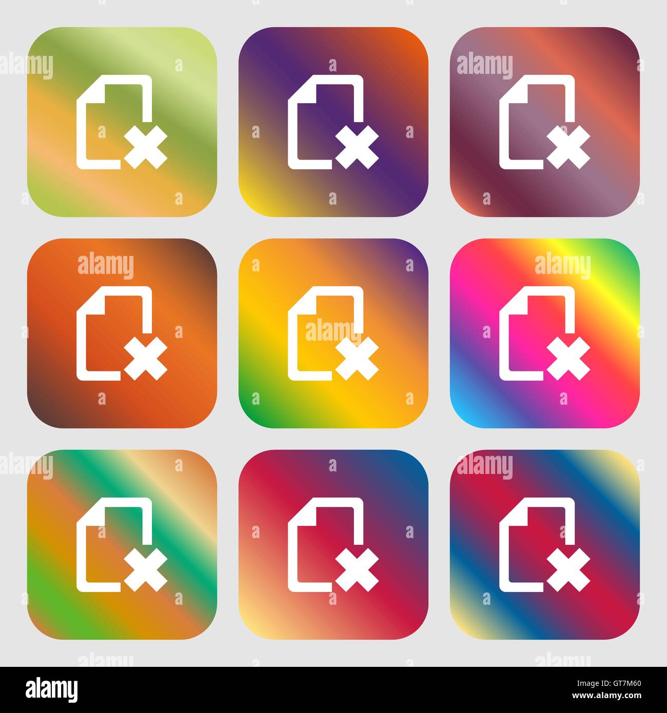 delete File document icon. Nine buttons with bright gradients for ...