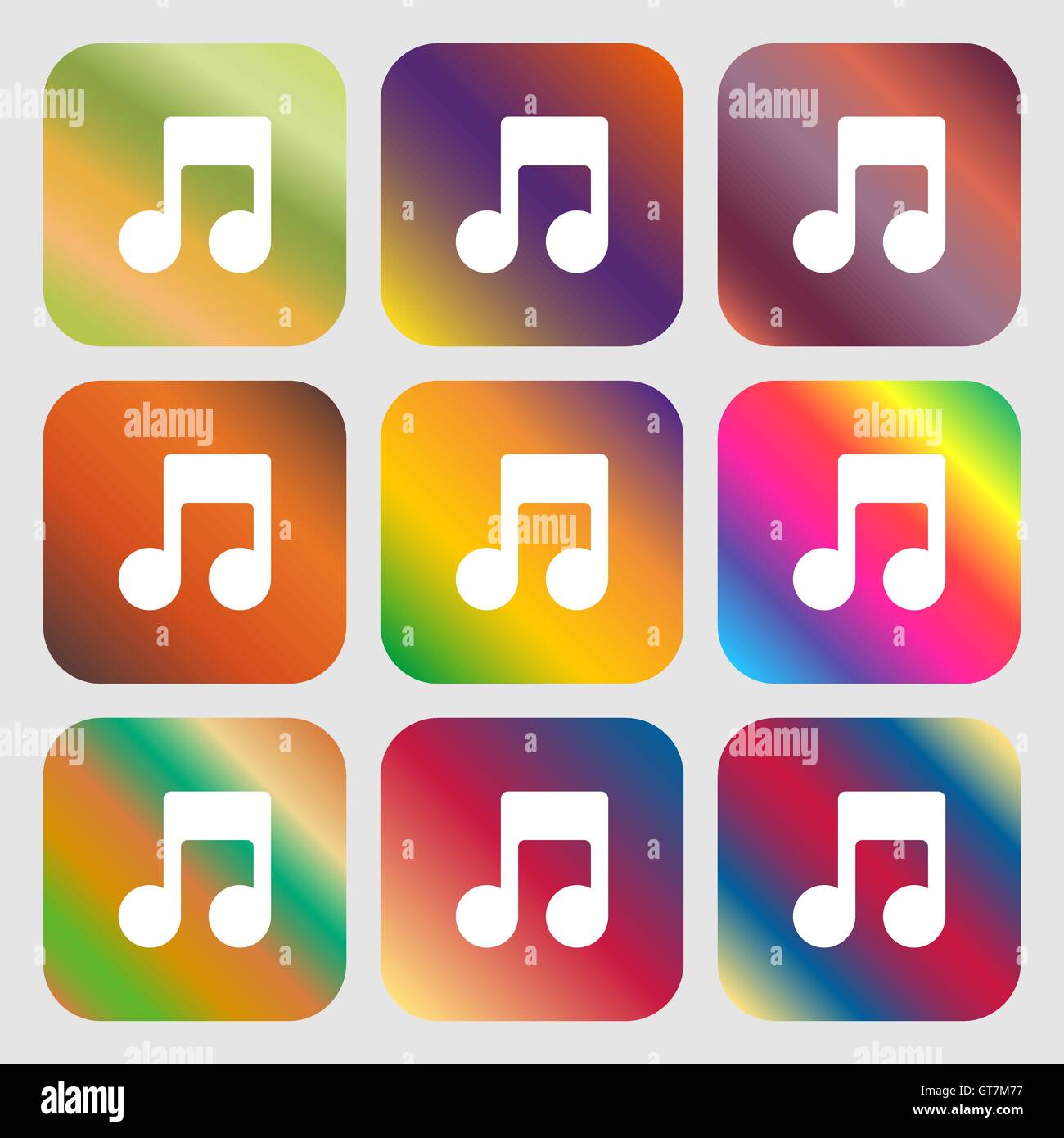 Music note icon. Nine buttons with bright gradients for beautiful ...