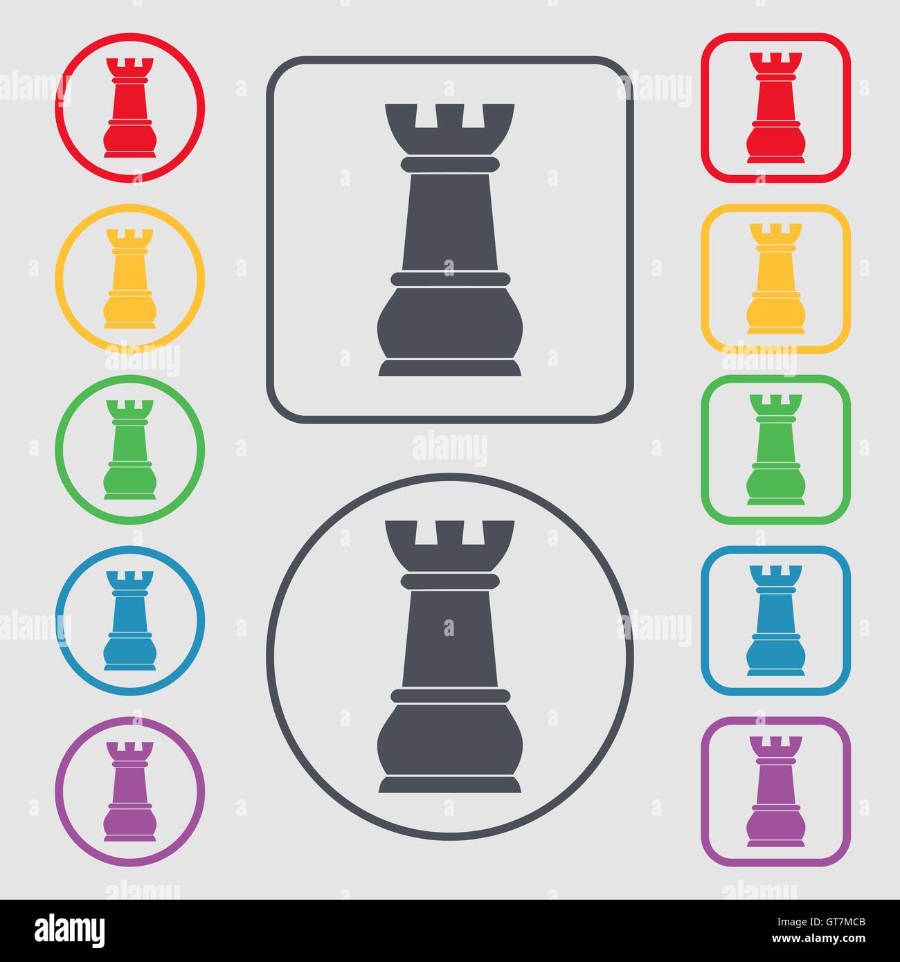 Chess Rook icon sign. symbol on the Round and square buttons with frame ...