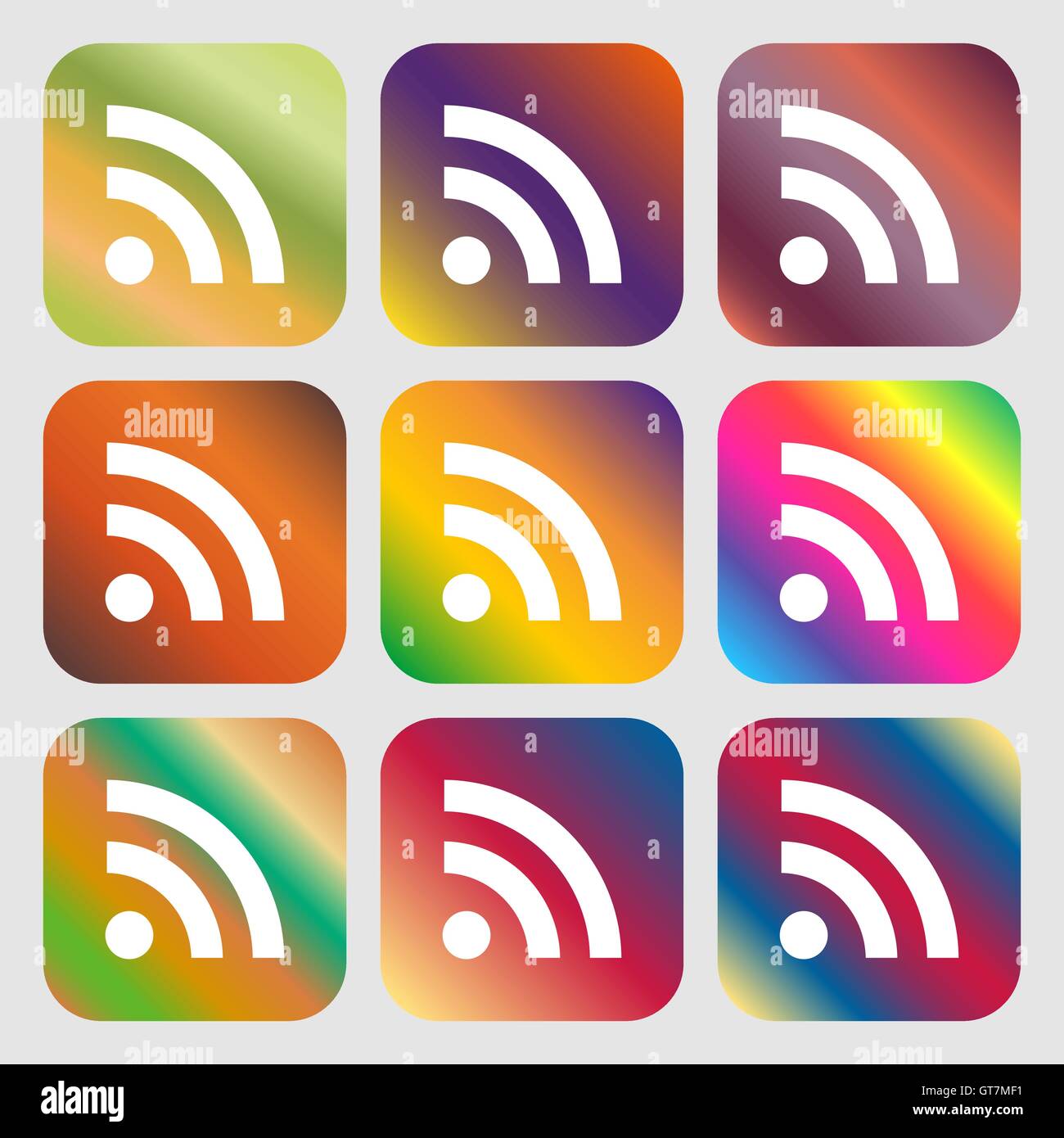 RSS feed icon. Nine buttons with bright gradients for beautiful design ...