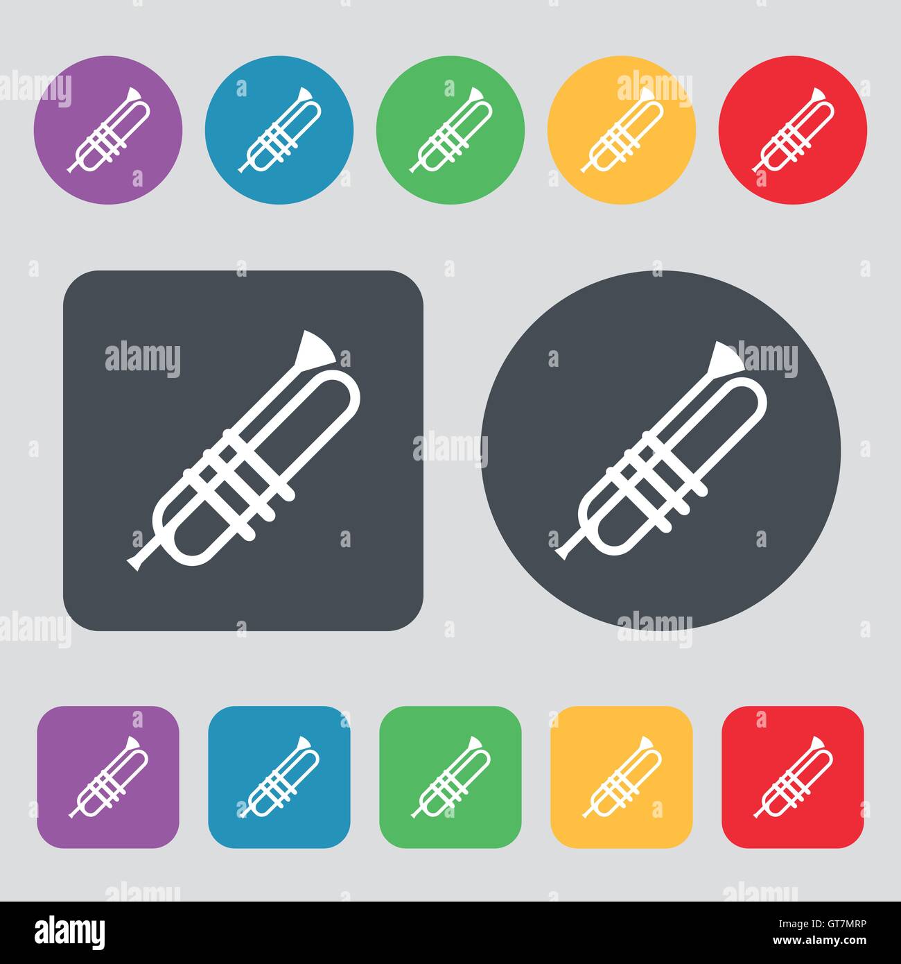 Trumpet icons sign. A set of 12 colored buttons. Flat design. Vector ...