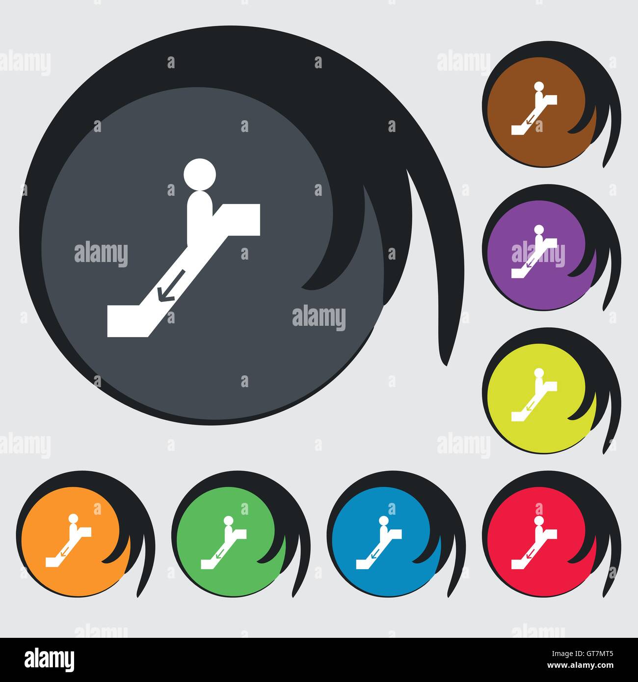 escalator down Icon sign. Symbols on eight colored buttons. Vector ...