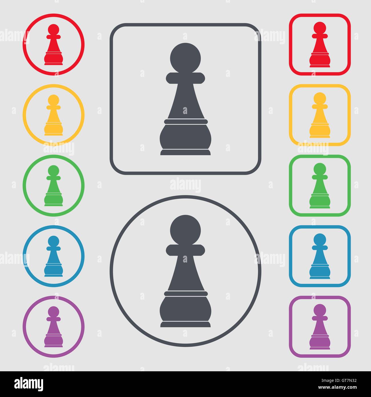 Chess Pawn icon sign. symbol on the Round and square buttons with frame ...