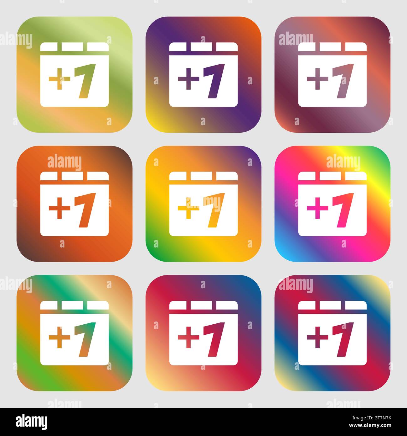 Plus one, Add one icon. Nine buttons with bright gradients for ...