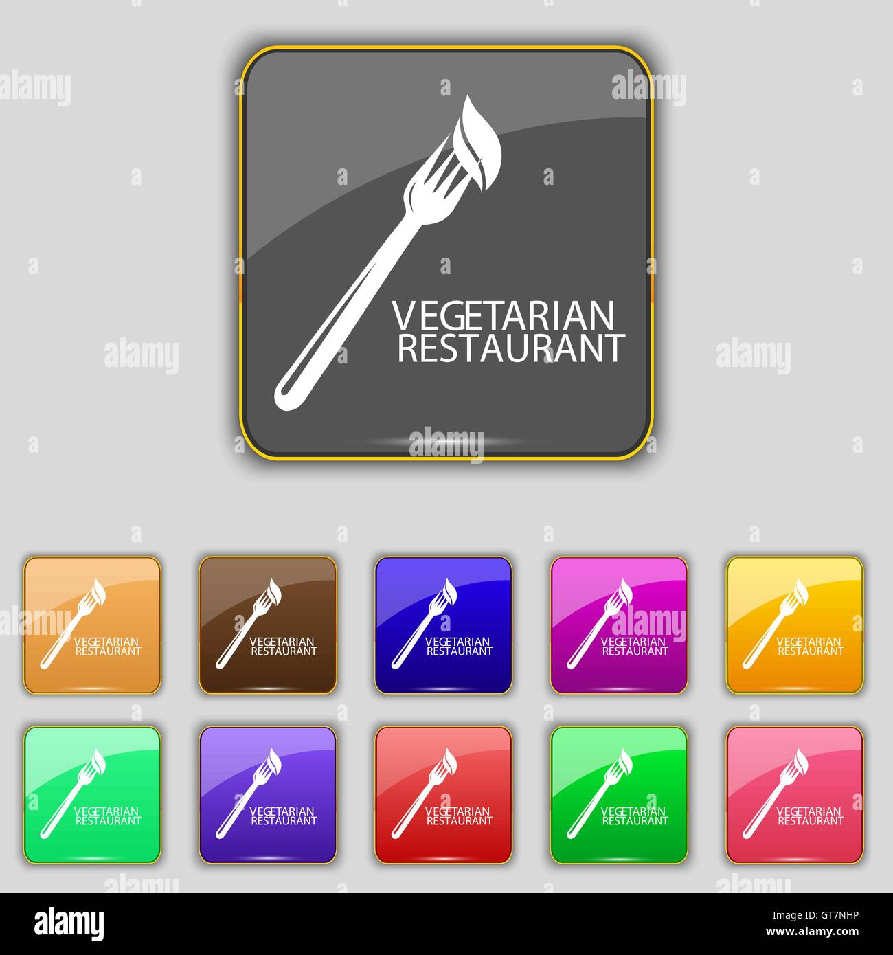 vegetarian restaurant icon sign. Set with eleven colored buttons for ...