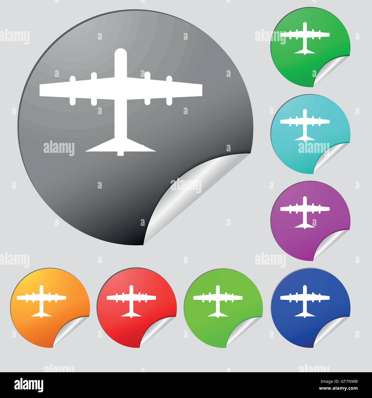 Plane icon sign. Set of eight multi colored round buttons, stickers ...
