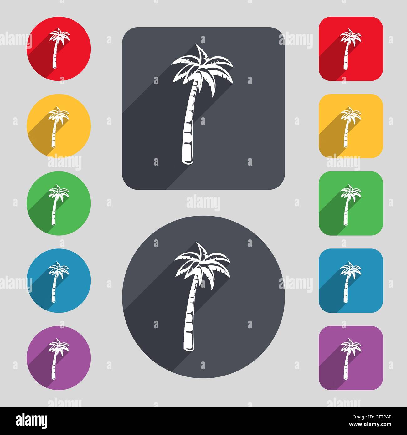 Palm icon sign. A set of 12 colored buttons and a long shadow. Flat ...