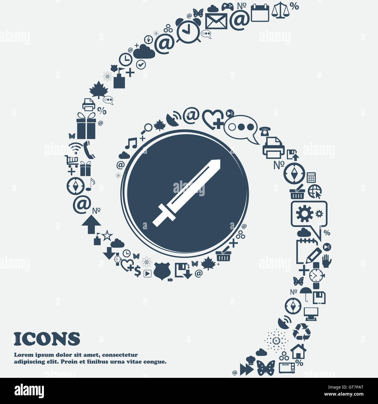 Sword icon in the center. Around the many beautiful symbols twisted in ...