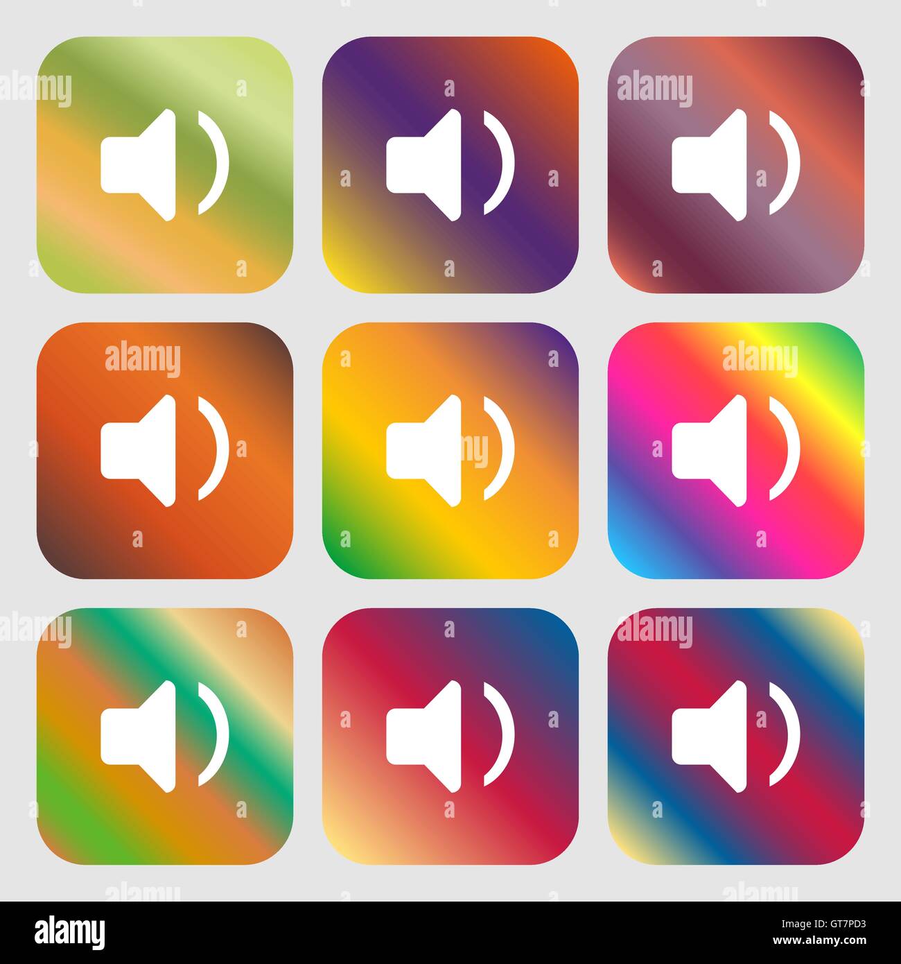 Speaker volume, Sound icon. Nine buttons with bright gradients for ...
