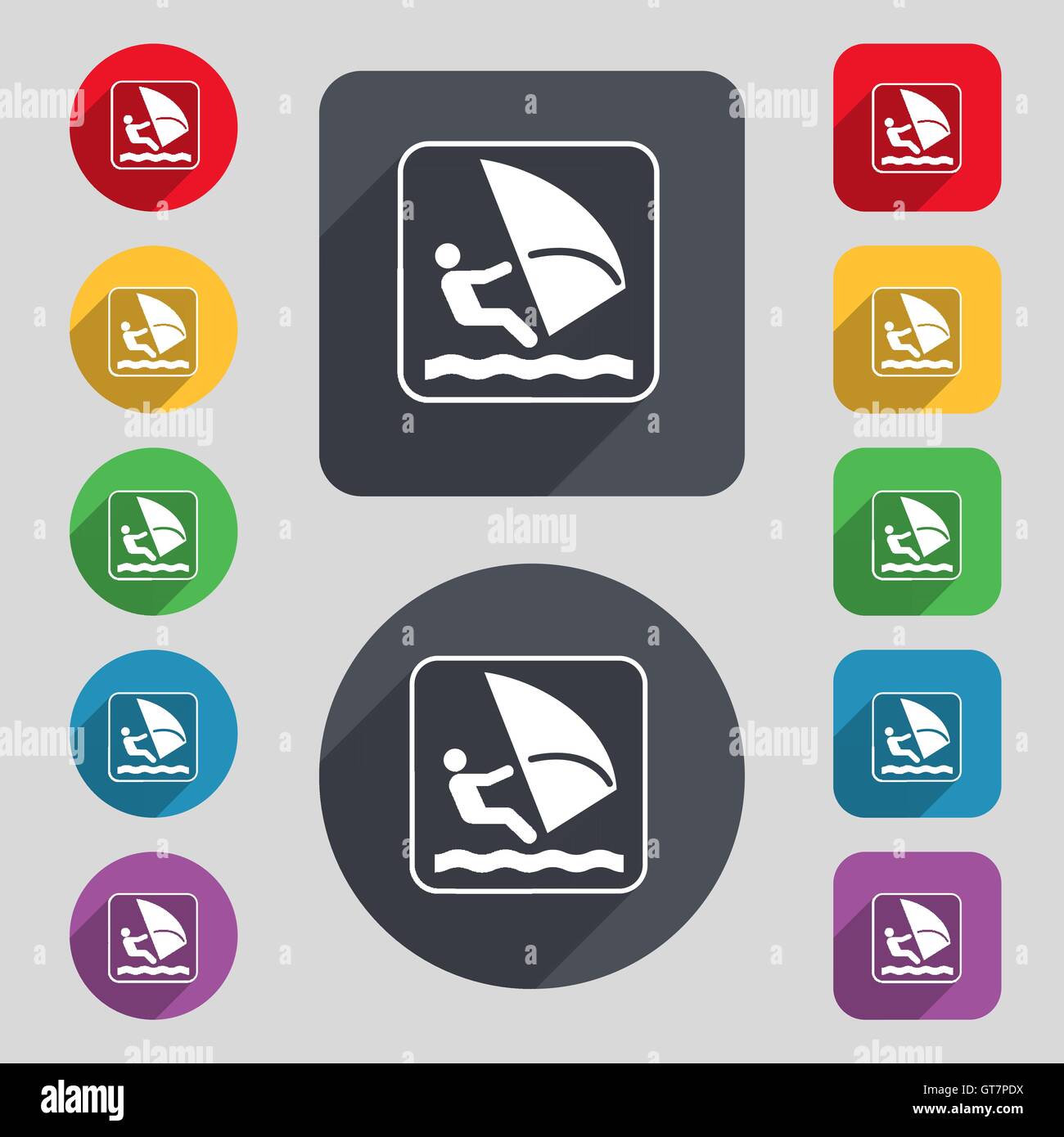 Windsurfing icon sign. A set of 12 colored buttons and a long shadow ...