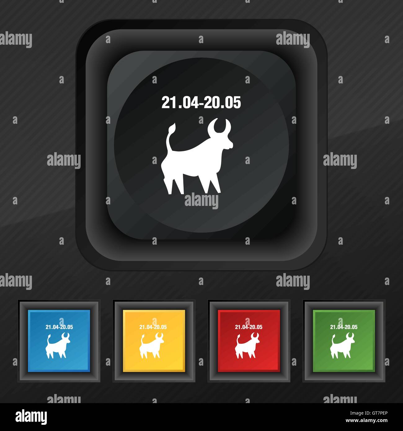 Taurus icon symbol. Set of five colorful, stylish buttons on black ...