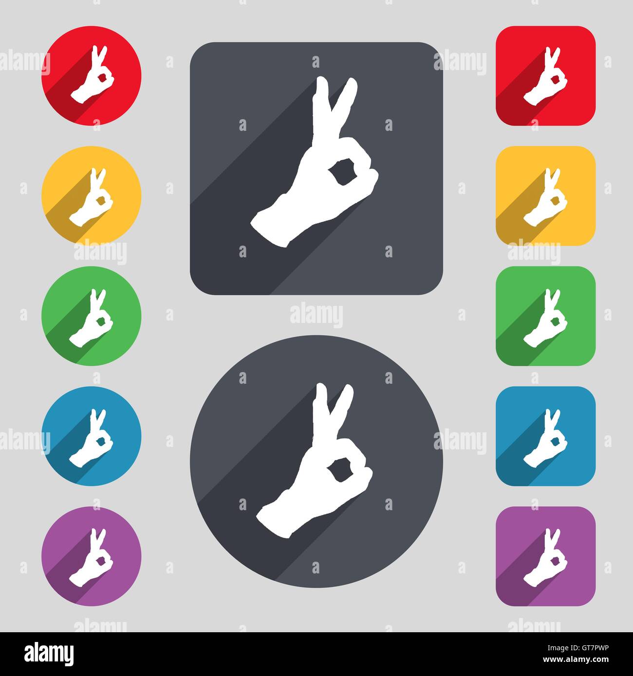 Gesture ok icon sign. A set of 12 colored buttons and a long shadow ...