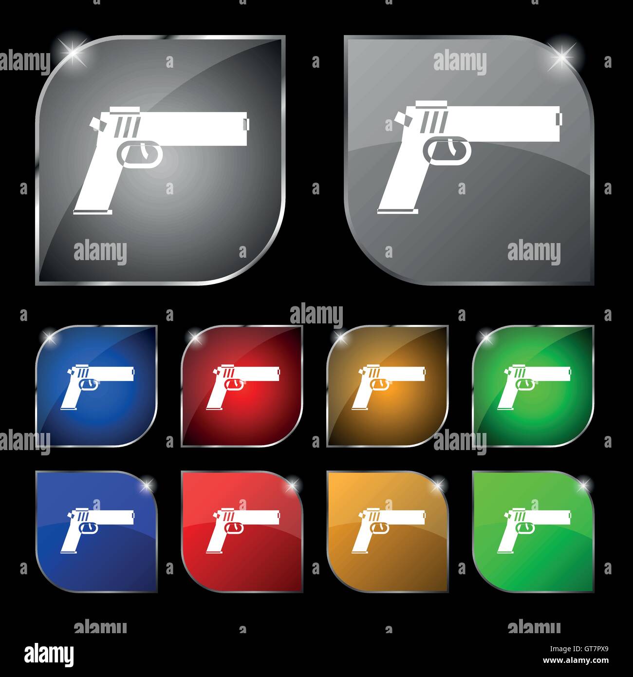 Gun icon sign. Set of ten colorful buttons with glare. Vector sign. Set ...