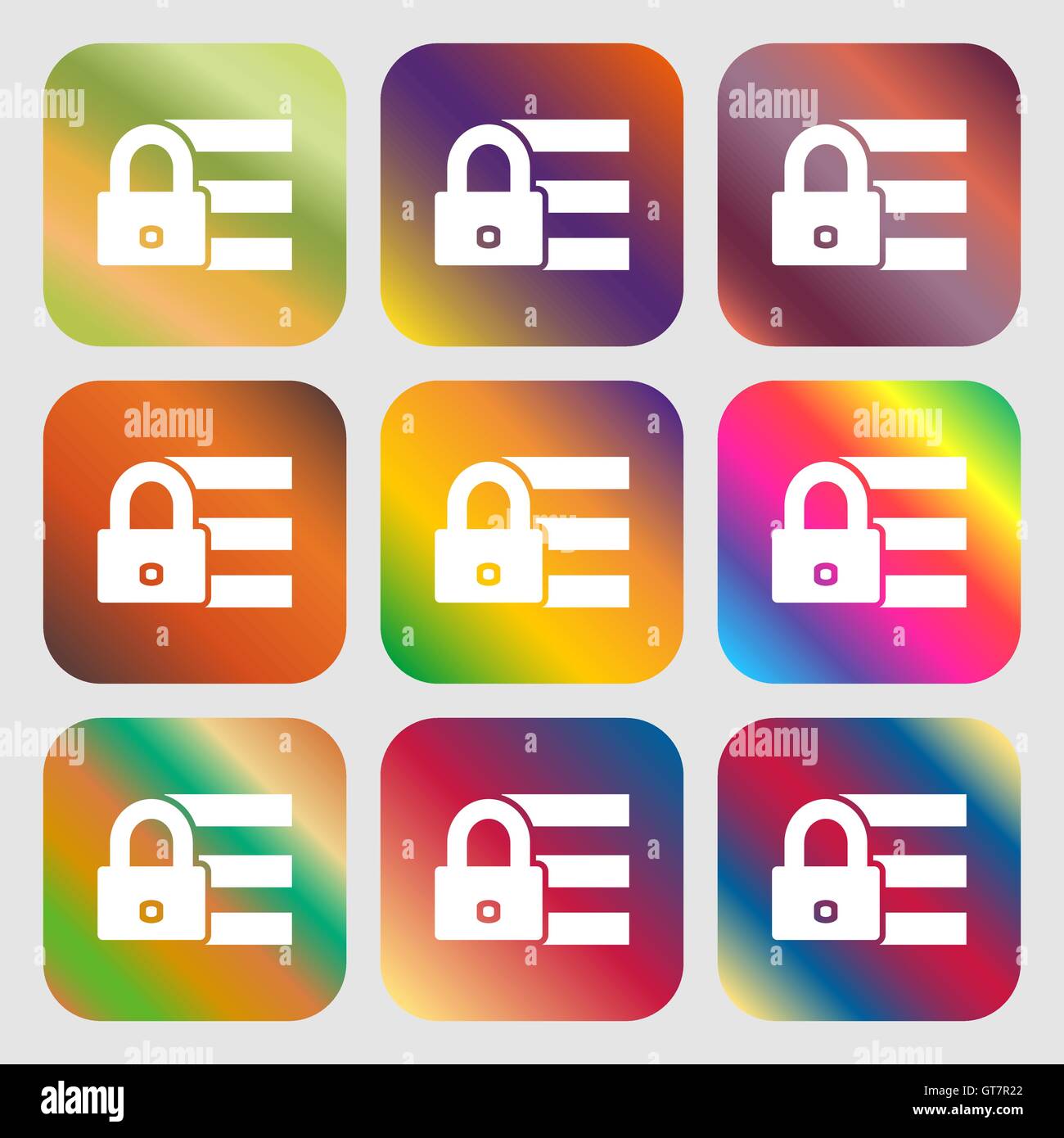 Lock, login icon sign . Nine buttons with bright gradients for ...