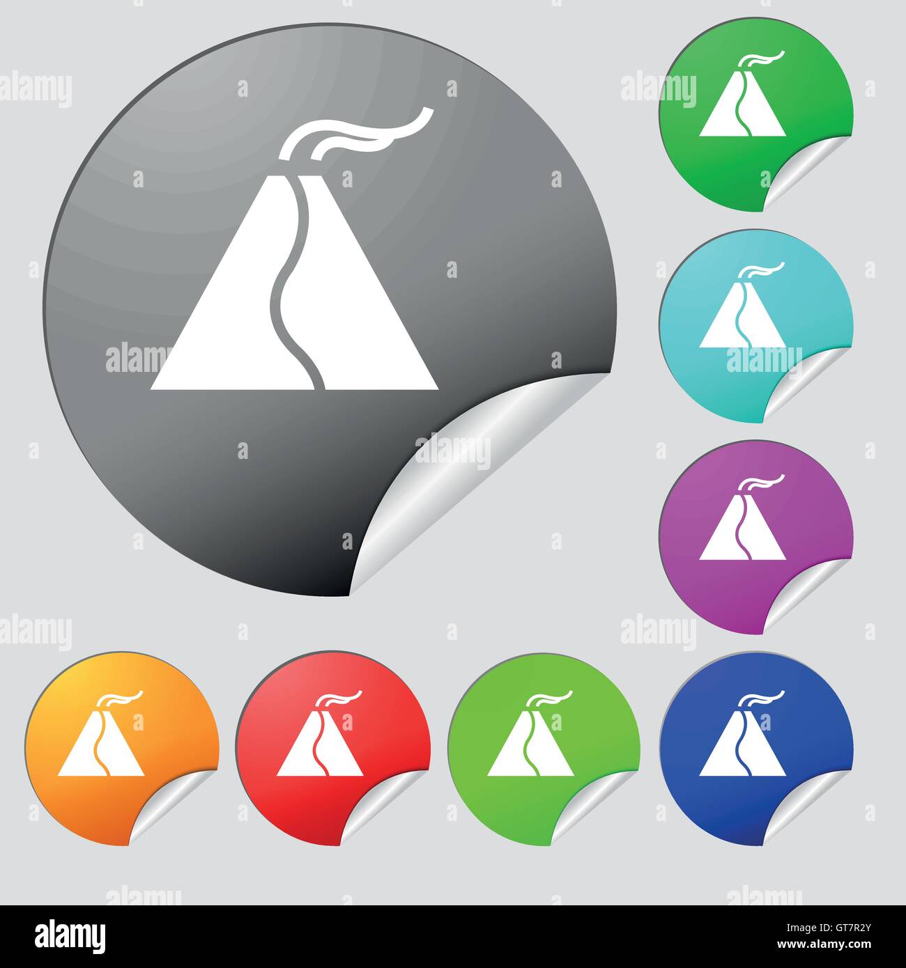 active erupting volcano icon sign. Set of eight multi colored round ...