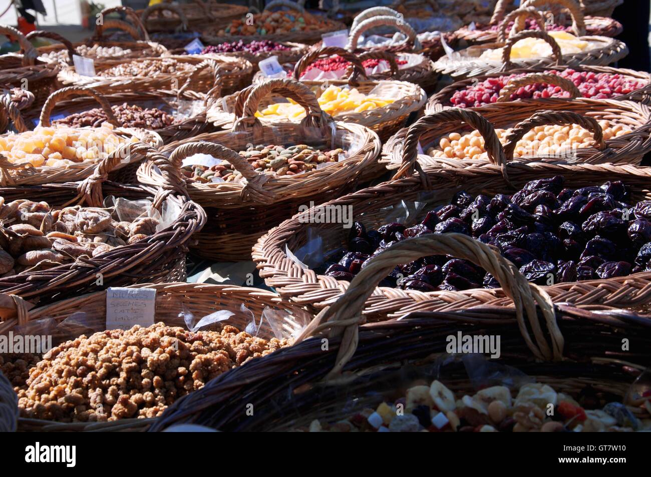 Baskets of dried fruits at Chamonix Market Stock Photo - Alamy