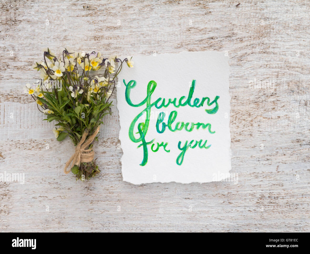 Wild viola flowers bouquet tied with jute rope and watercolor lettering ...