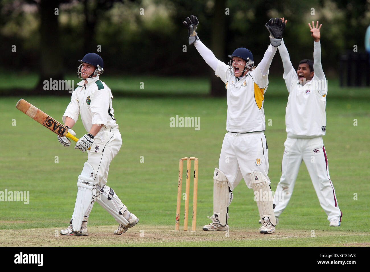 Harold Wood wicketkeeper R Hyde appeals loudly for the wicket of D Gray ...