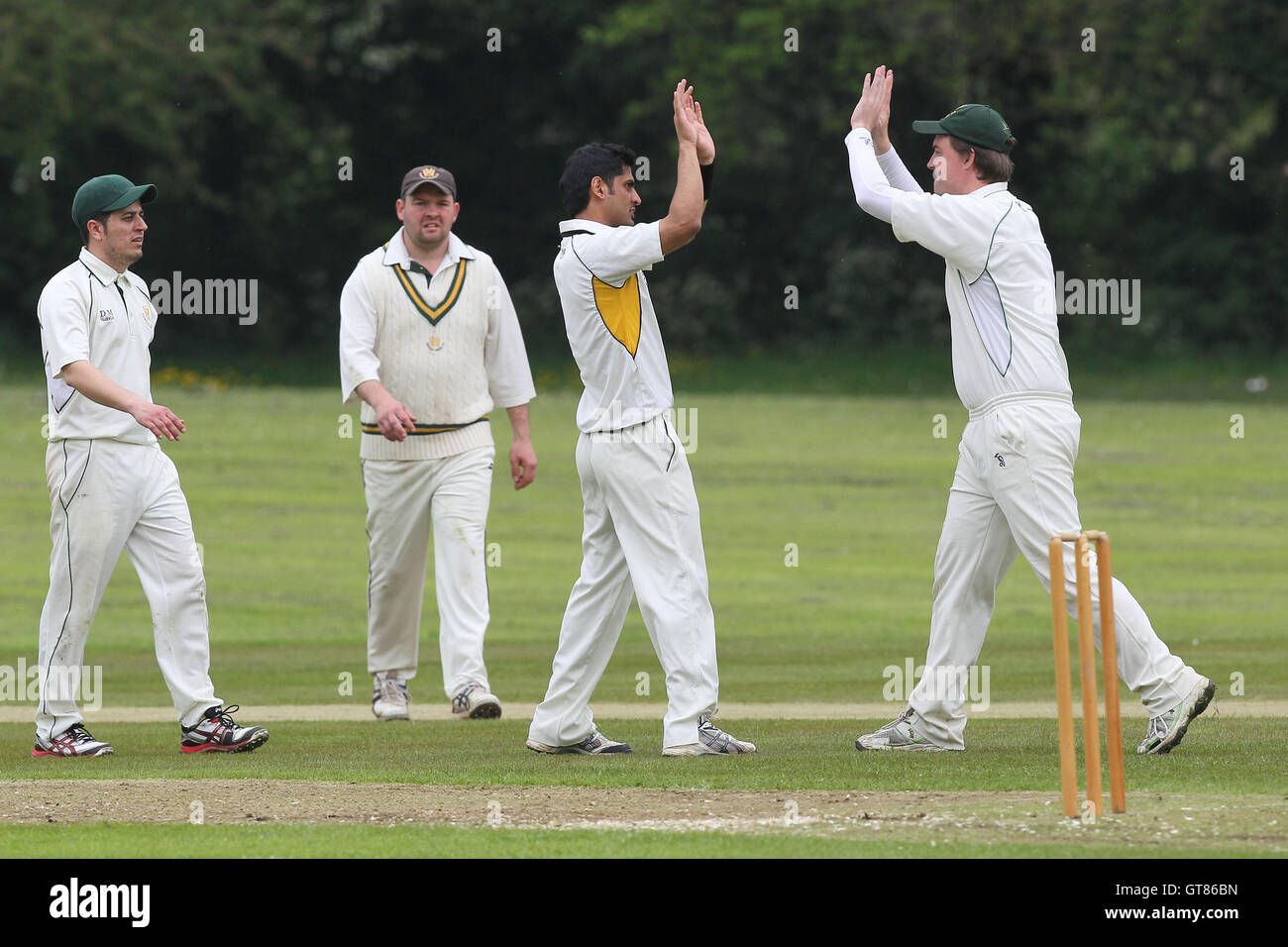 Harold Wood players celebrate the wicket of J Baker - Harold Wood CC vs ...