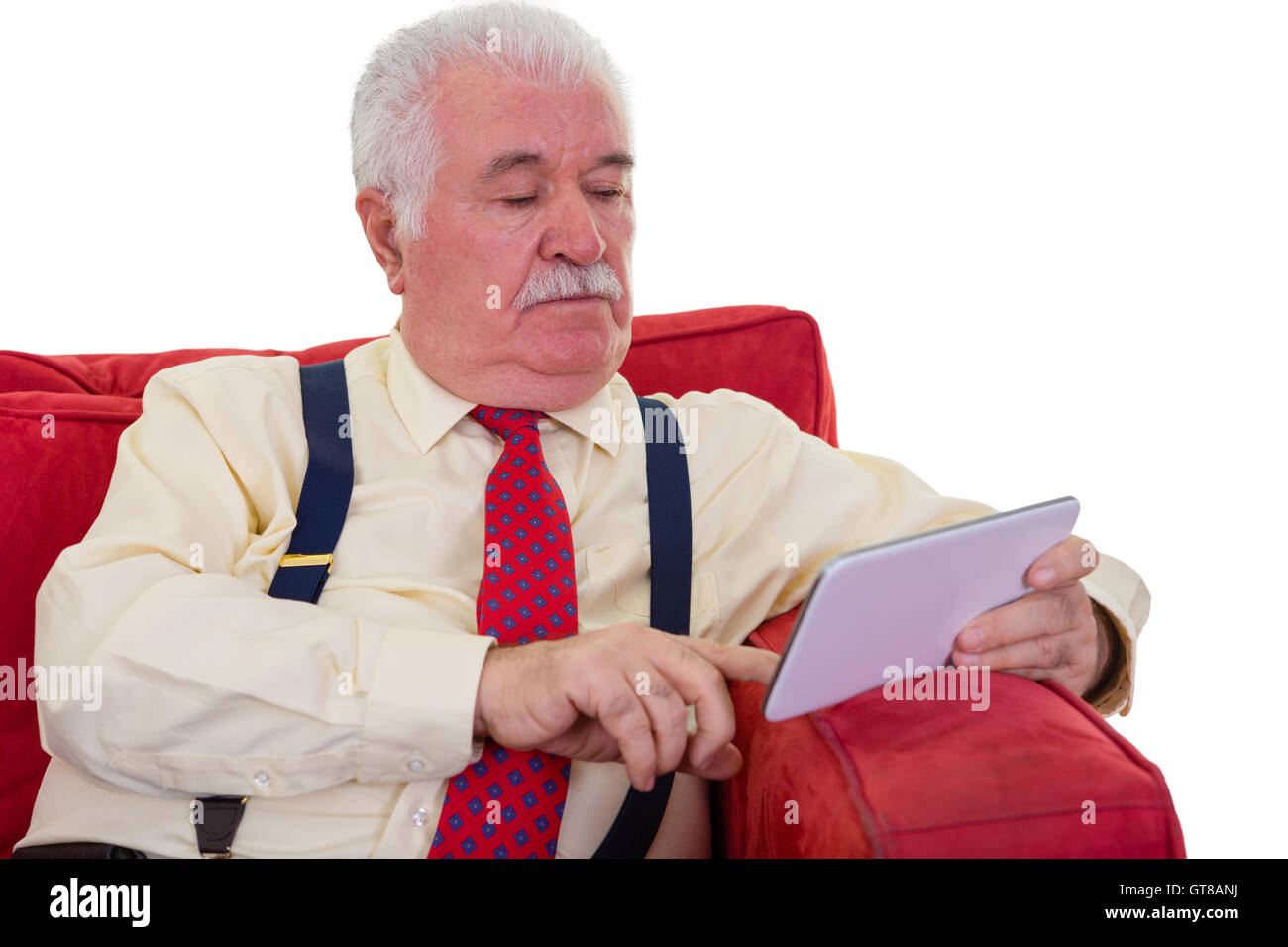 Close up Updated Old Gentleman Using his Tablet Computer Seriously ...