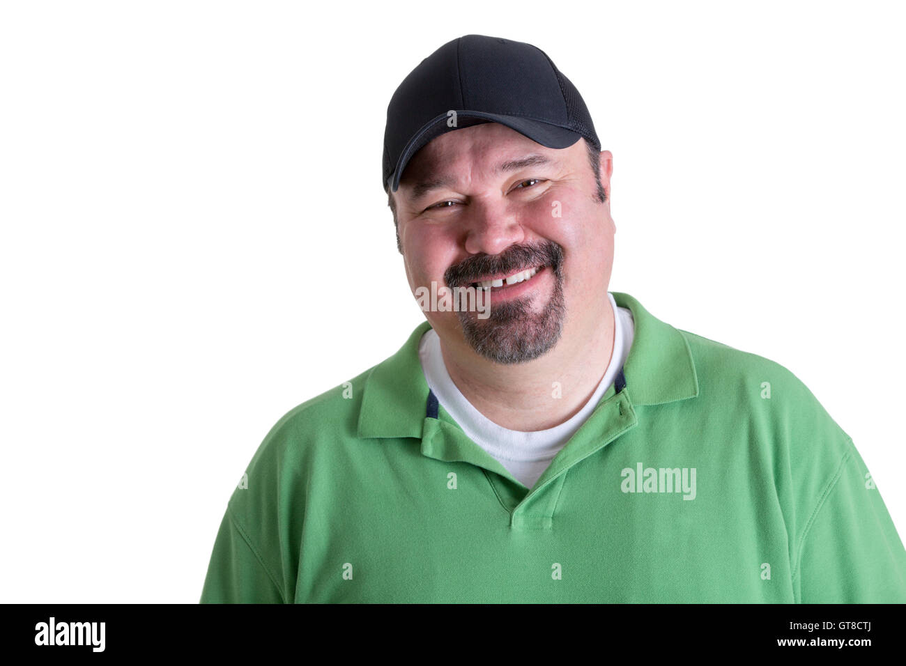 Portrait of Overweight Man Wearing Green Shirt and Black Baseball Cap ...