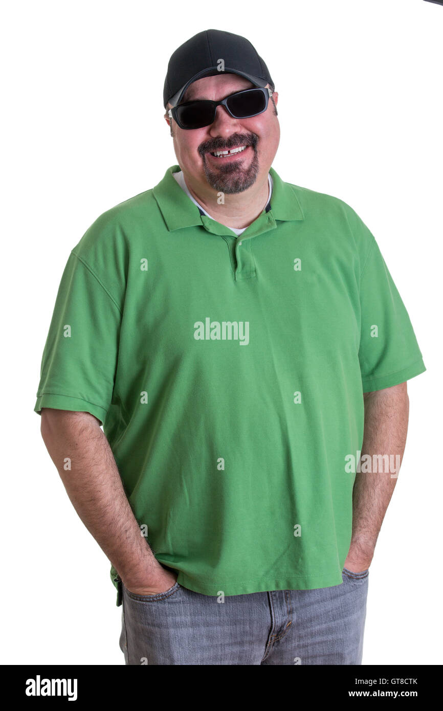 Portrait of Overweight Man Wearing Green Shirt, Baseball Cap, and ...