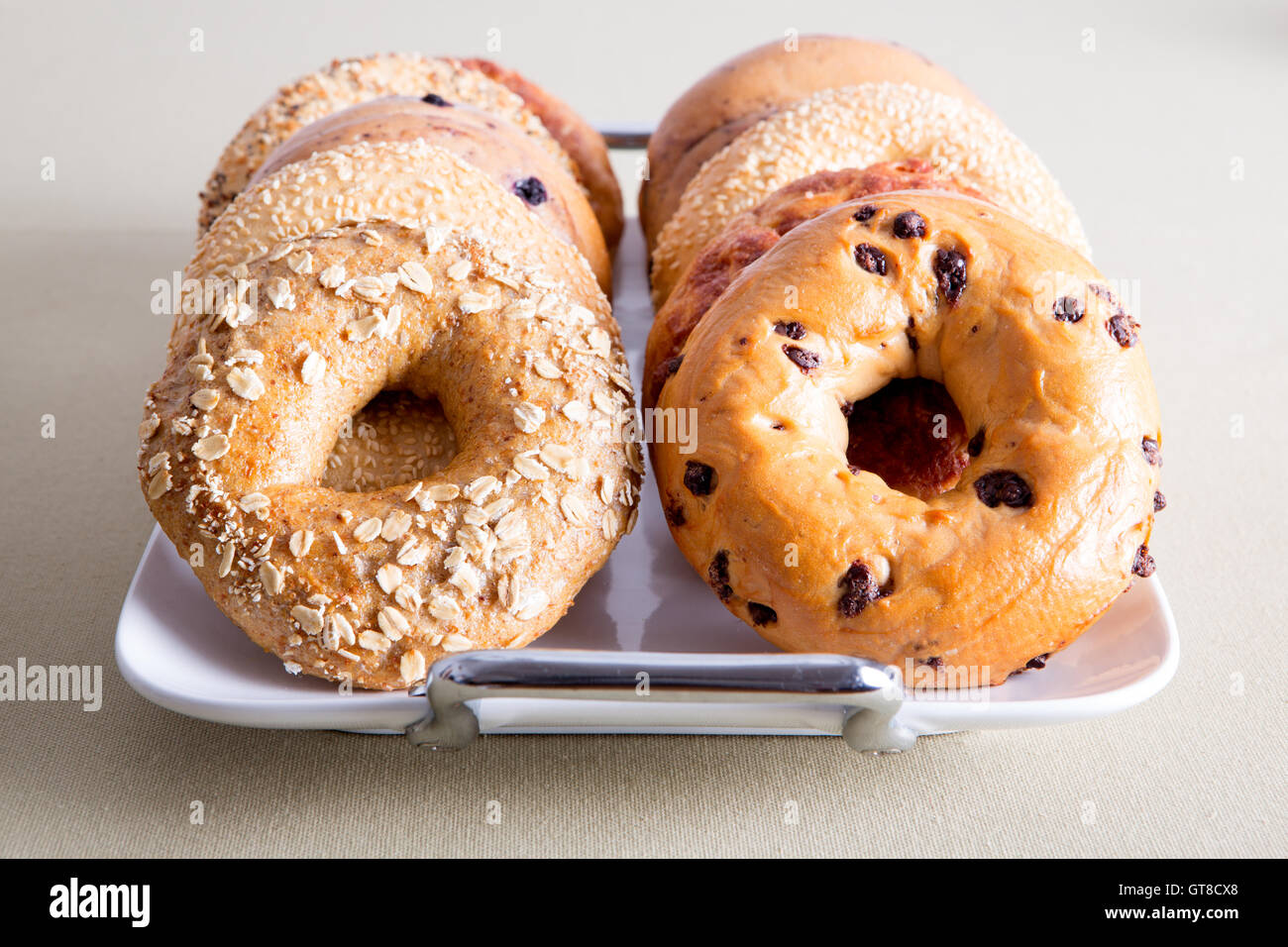 Close up Deliciously Baked Bagel Breads for Office Snacks Piled on a ...