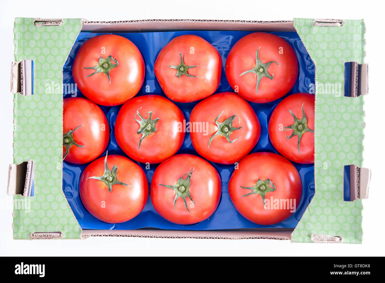 Ten Organic Red Tomatoes on a Blue Tray Inside a Cardboard Box ...