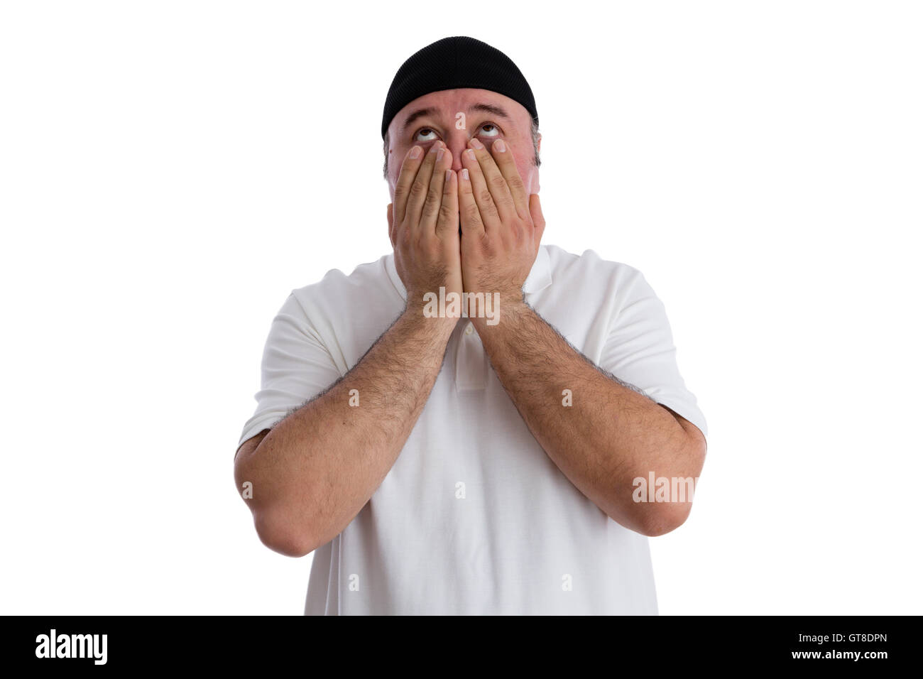 Man realising the consequences of his actions looking up to God with an ...