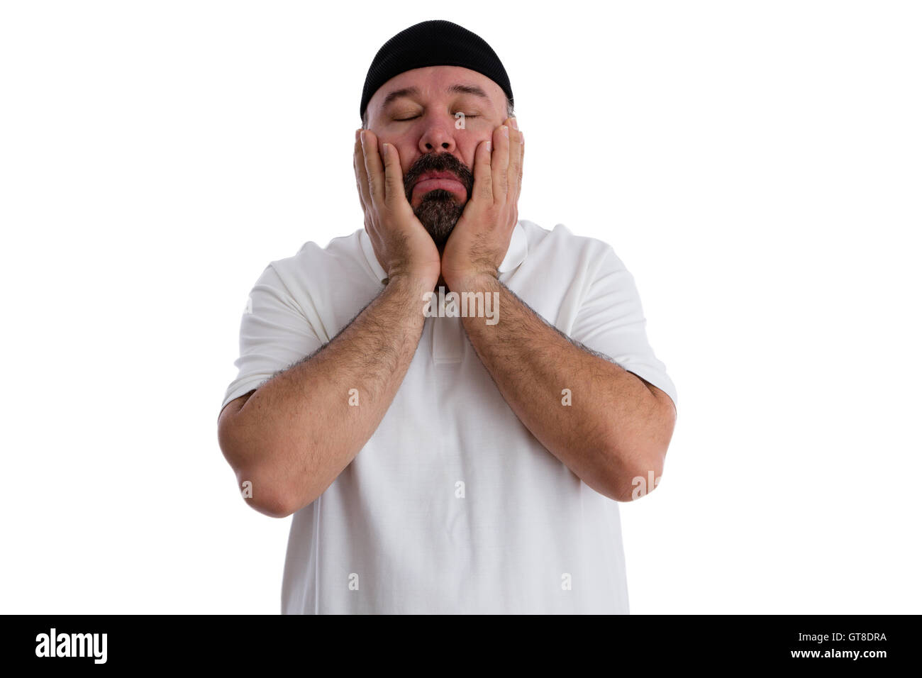 Sinful man seeking absolution praying to God with his hands to his ...