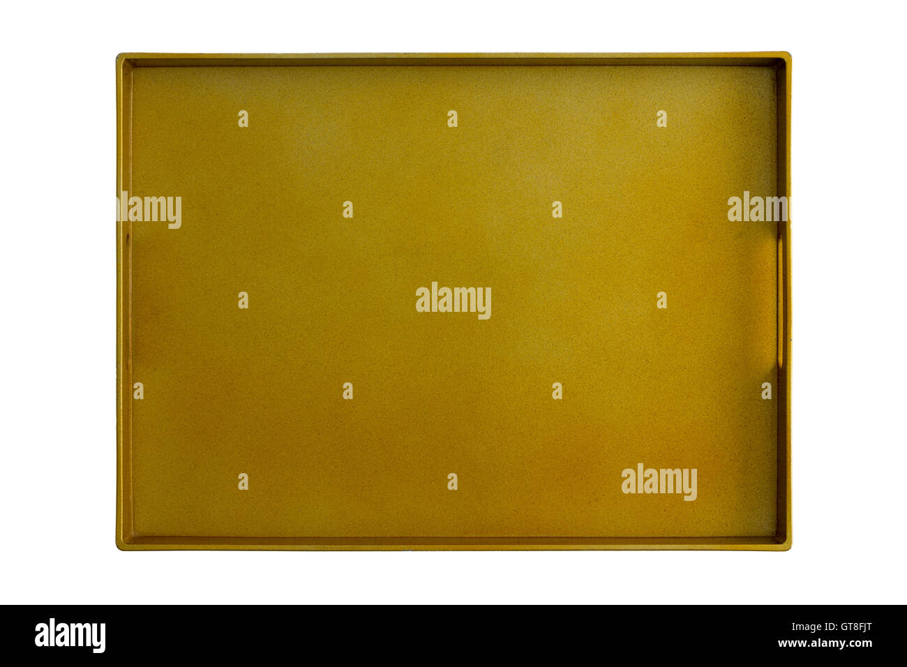 Above view of golden color isolated empty tray waiting to serve foods ...
