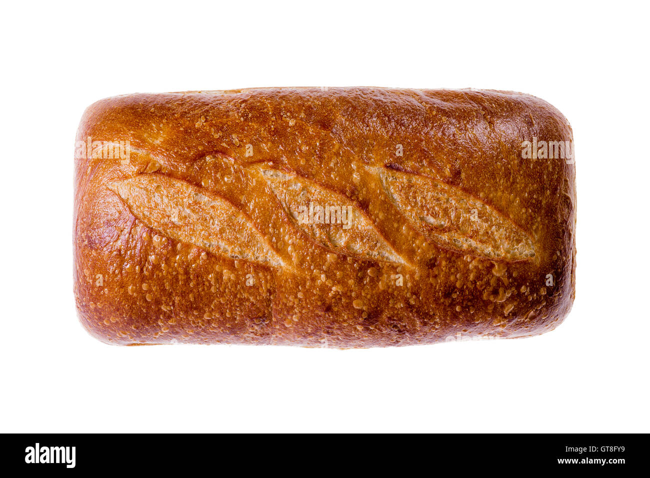 Rectangular fresh loaf of sourdough bread with a crusty top viewed from ...