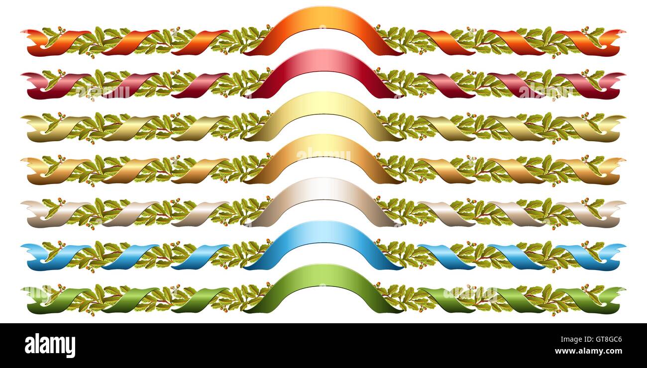 Oak wreathes with colorful ribbons isolated on white background. Vector ...