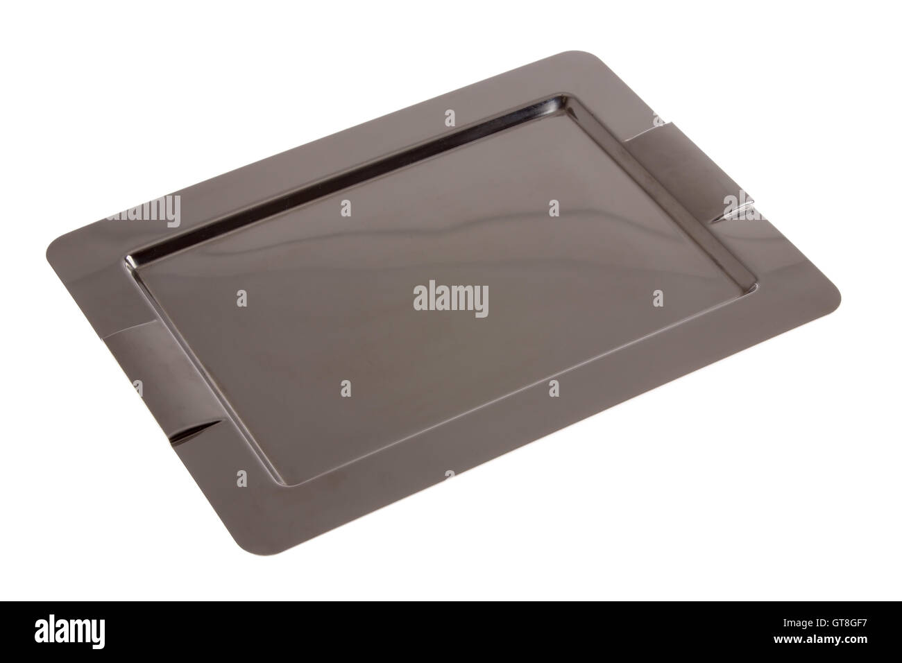 Empty rectangular stainless steel tray with integral handles for ...
