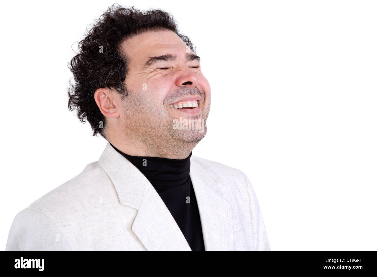 Isolated jovial middle-aged man with stubble and curly hair expressing ...