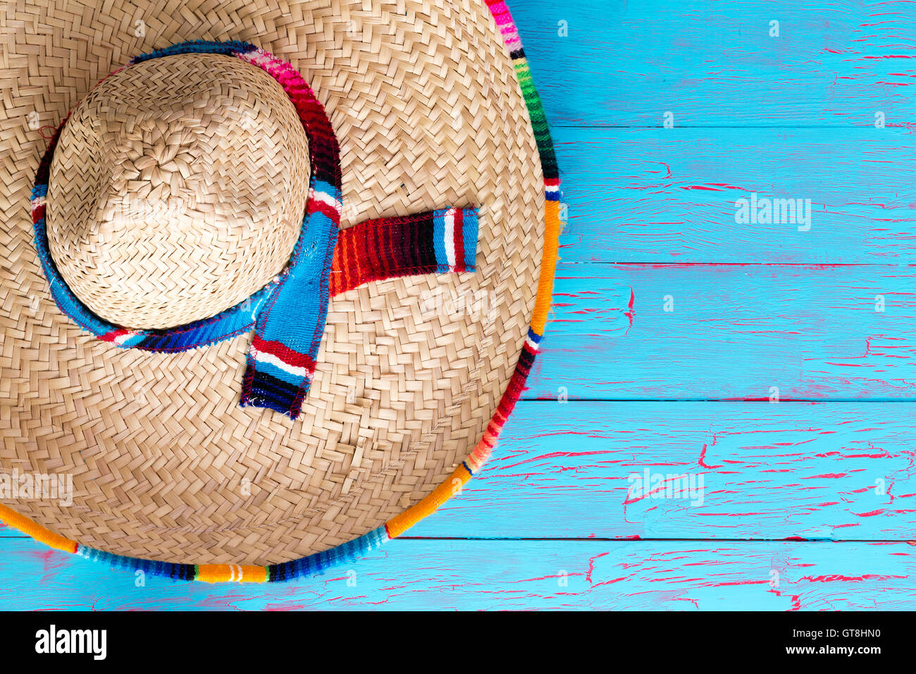 Colorful wide brimmed straw sombrero with multicolor trim and ribbon ...