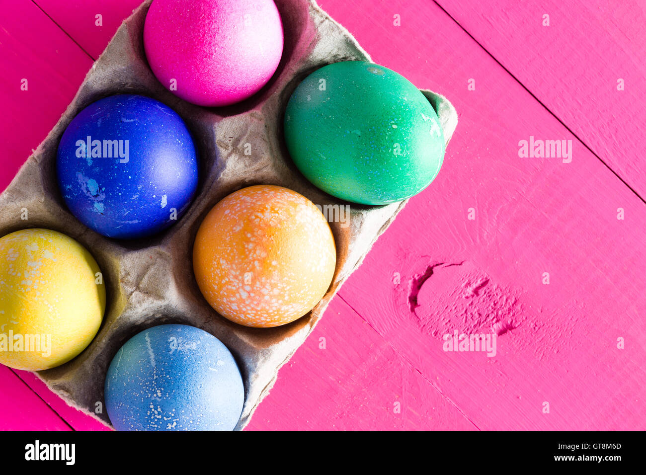 Six colorful hand decorated Easter eggs dyed with different colored ...