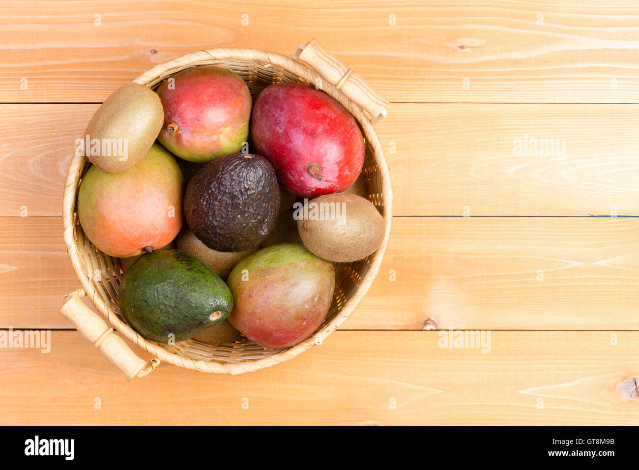 Top down view of large round basket with two handles full of avocados ...