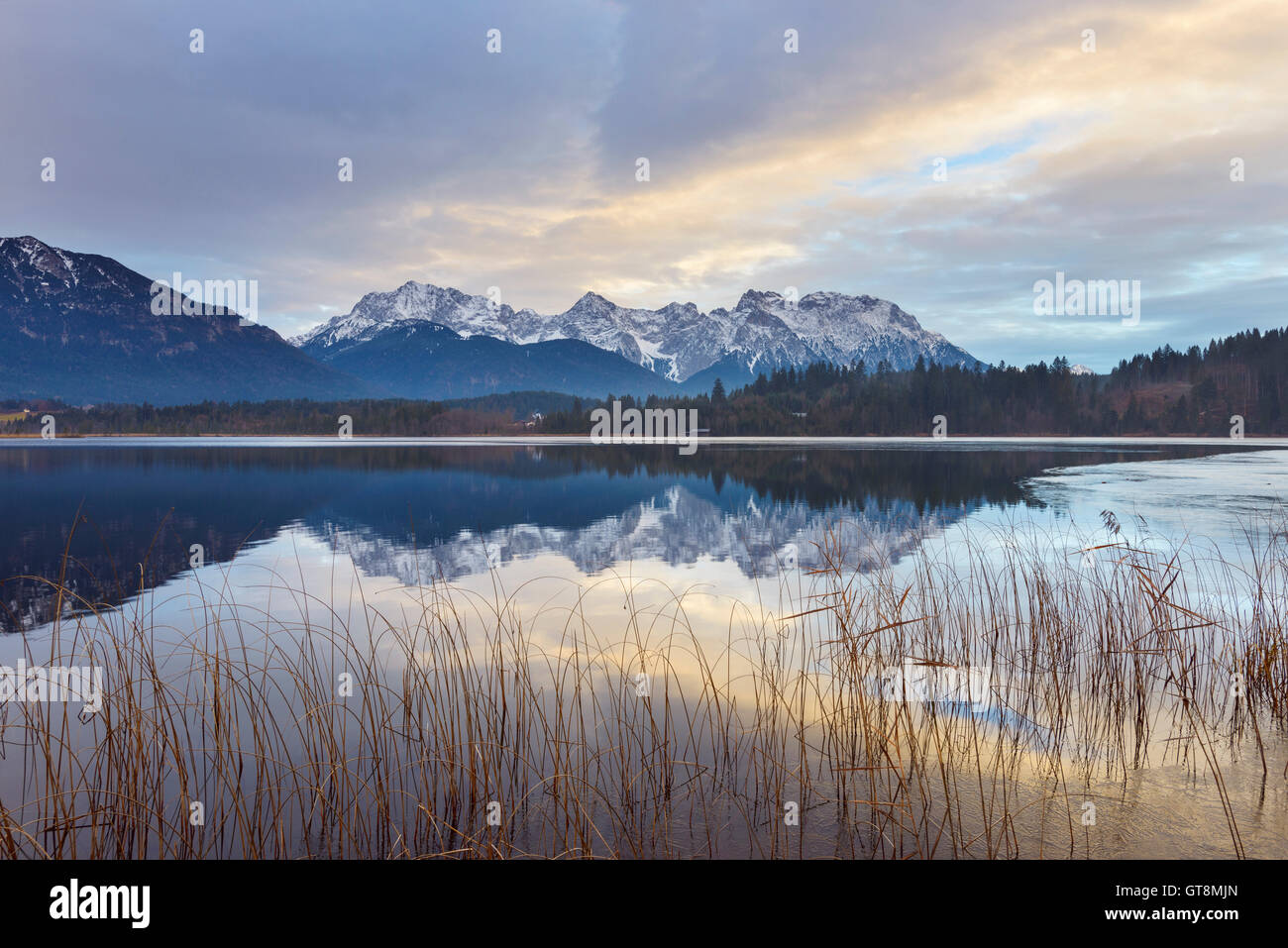 Karwendel Mountains Reflected in Lake Barmsee, Krun, Upper Bavaria ...