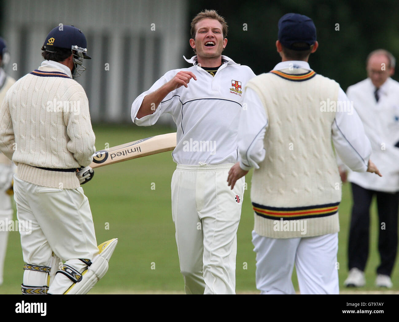 J Day of Hutton celebrates the wicket of M Richardson (left) - Hutton ...