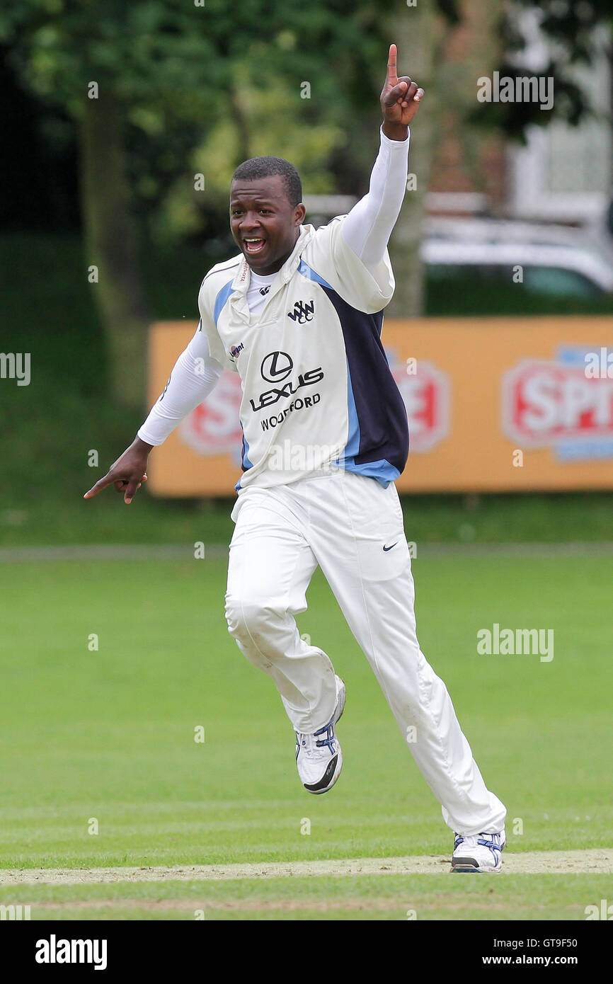 Donovan Miller of Woodford Wells celebrates the wicket of Bilal Butt ...