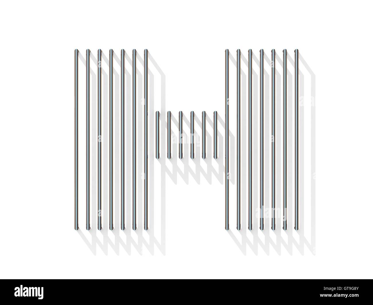 Silver, steel wire font. Letter H with vertical shadows. 3D render ...