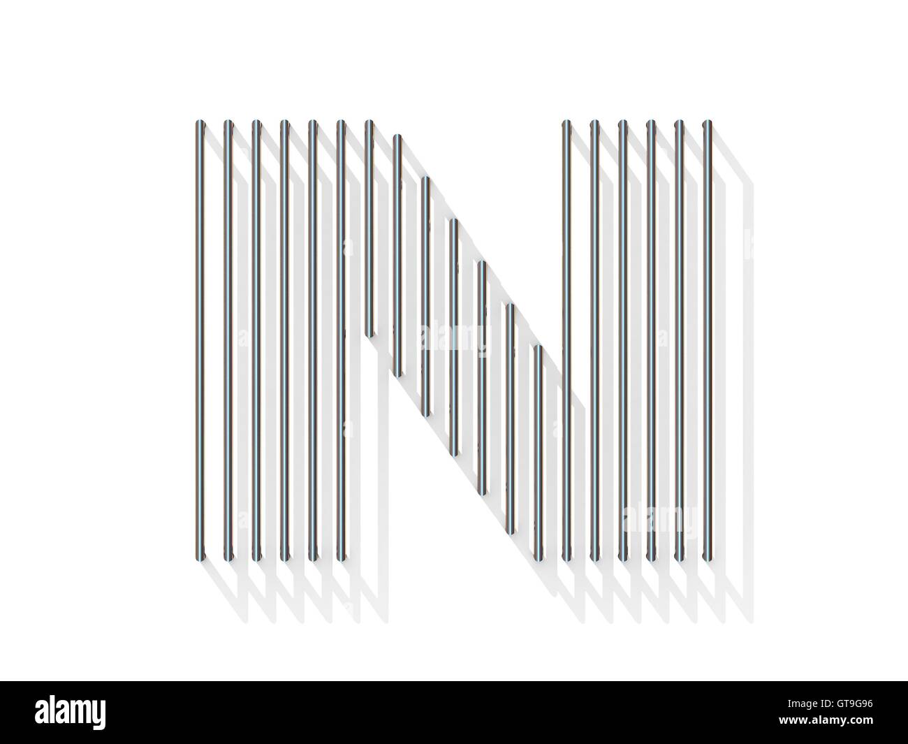 Silver, steel wire font. Letter N with vertical shadows. 3D render ...
